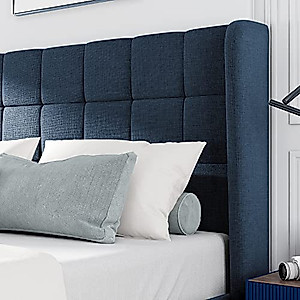 Allewie Queen Size Platform Bed Frame with Wingback/Fabric Upholstered Square Stitched Headboard and Wooden Slats/Mattress Foundation/Box Spring Optional/Easy Assembly, Navy Blue