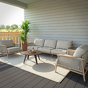 Acanva Modern All-Weather Aluminum Outdoor Patio Sofa with Thick Cushions, Olefin Fabric Sunroom Backyard Furniture, Light Khaki, Loveseat