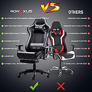 Nokaxus Gaming Chair Large Size High-back Ergonomic Racing Seat with Massager Lumbar Support and Retractible Footrest PU Leather 90-180 degree adjustment of backrest Thickening sponges (YK-6008-BLACK)