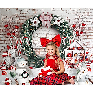 Mocsicka Christmas Photography Backdrop Xmas Candyland White Brick Wall Background Christmas Candy Canes Xmas Wreath Background for Kids Photo Booth Props (7x5ft (82x60 inch))