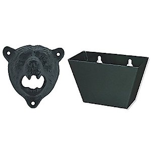 WISH HALLY WOOD Bottle Opener, Iron Bear Teeth Wall Mount Bottle Opener and Cap Catcher Set (Black Bear Opener + Black Catcher)