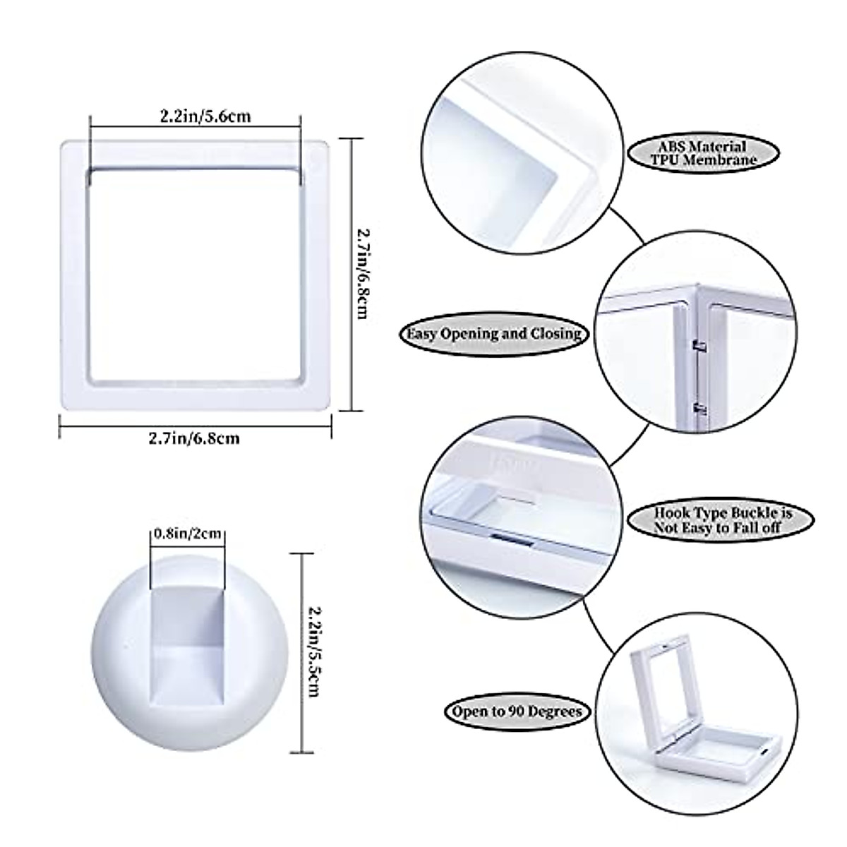 KMOTASUO 12Pcs 3D Floating Thin Film Jewelry Storage Box, Transparent Frame Display Case Holder for Necklace Bracelet Earring, Dustproof Challenge Coin Medallion Display Case Stand (White)