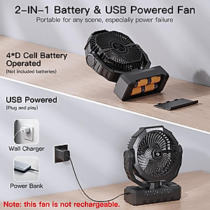 FRIZCOL Battery Operated Fan [200H Max], 2 IN 1 D-Cell Battery & USB Powered Fan, Portable Camping Fan with 4 Speeds, Light, Timer, Remote for Outdoor Tent, Travel, Picnic, Office, Bedroom - Black