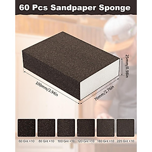 Rocaris 60 Pack Sanding Blocks, Washable and Reusable Sanding Sponge Fine Coarse for Wood and Drywall 60, 80, 100, 120, 180, 220 Grit