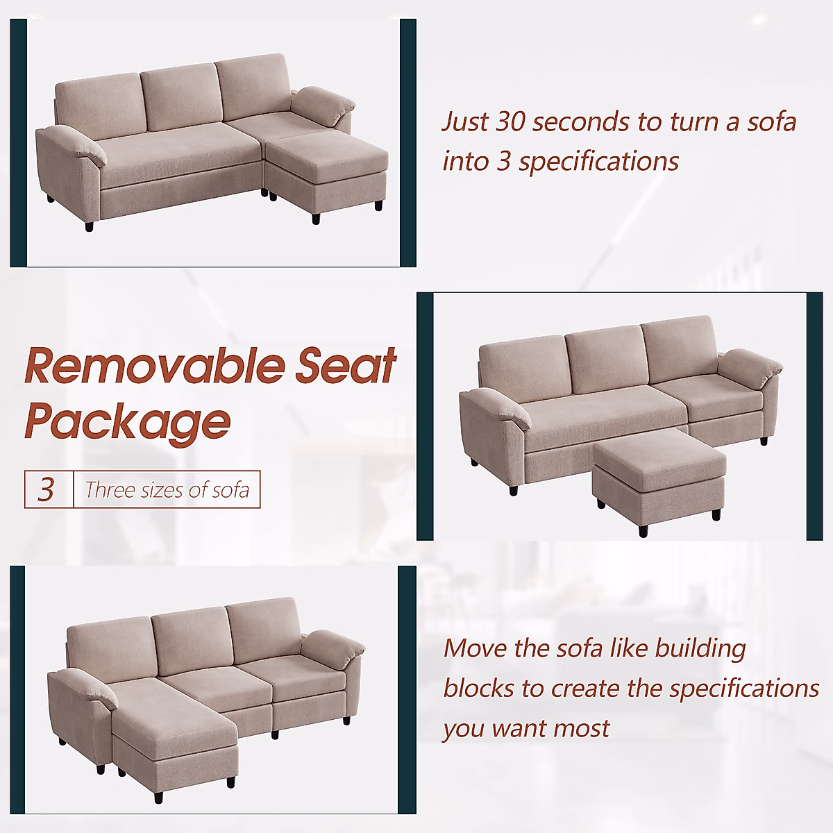 Vongrasig 79" Convertible Sectional Sofa Couch, 3 Seat L Shaped Sofa with Removable Pillows Linen Fabric Small Couch Mid Century for Living Room, Apartment and Office, Khaki