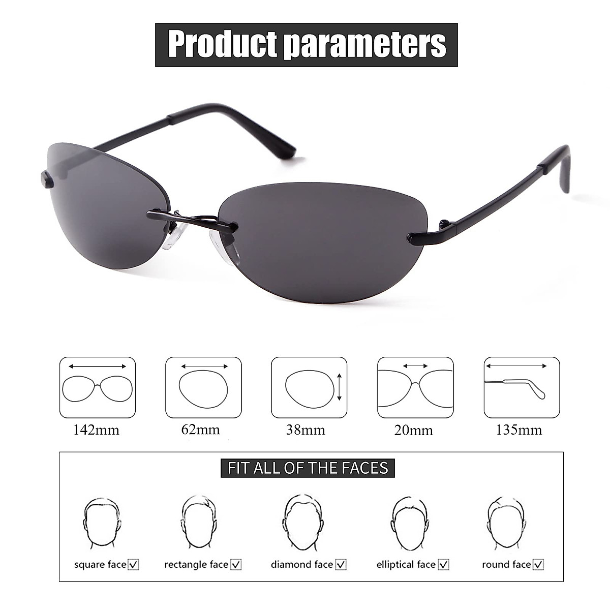 JUDOO Y2K Oval Sunglasses for Men Women 90s Vintage Rimless Rectangle Cool Glasses