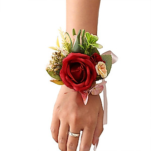 Latious Wedding Bride Wrist Corsage Red Artificial Wrist Flower Flowergirl Hand Flowers Bridal Prom Party Accessories for Women and Girls (A-Red)