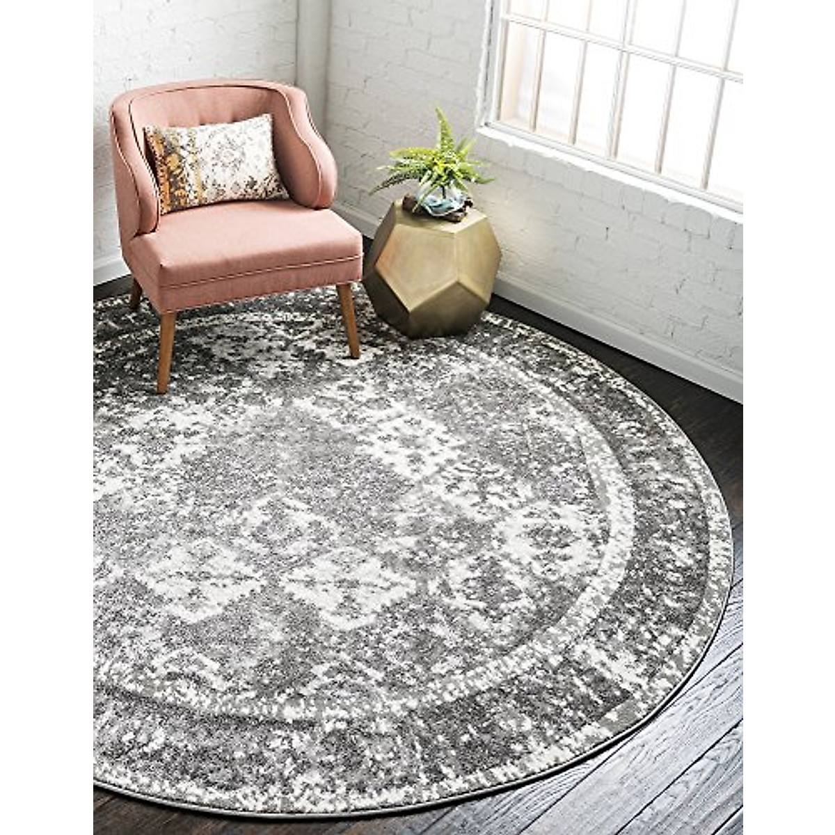 Unique Loom Rosso Collection Vintage, Traditional, Bohemian, Geometric, Distressed, Southwestern Area Rug, 8' 0" x 8' 0", Gray/Ivory