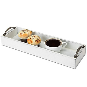 MyGift 16-inch Vintage White Wood Serving Tray with Decorative Antique Metal Handles | Farmhouse Decor Rectangular Butler Tray | Coffee Table/Dining Table Centerpiece Candle Holder Tray