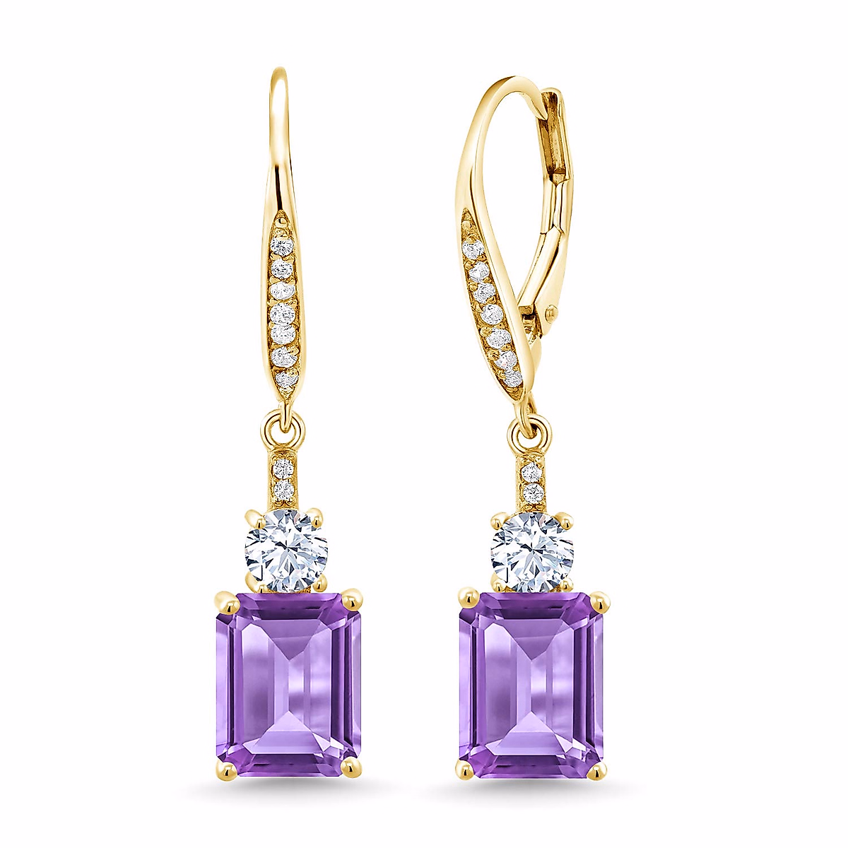 Gem Stone King 18K Yellow Gold Plated Silver Purple Amethyst Dangle Earrings For Women (5.00 Cttw, Gemstone February Birthstone, Emerald Cut 9X7MM)