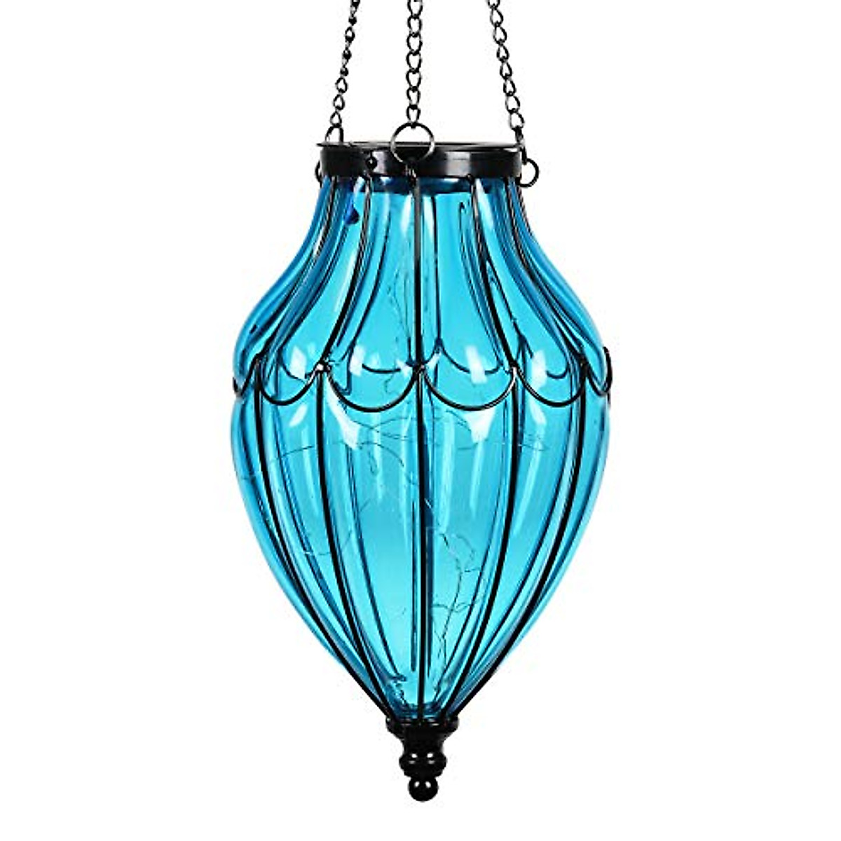Exhart Outdoor Garden Solar Lights, Blue Glass Hanging Garden Lantern with Waving Metal Pattern, 15 LED Firefly Lights, 7.5 x 25 Inch