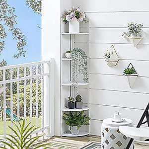 HMOREY 5-Tier Corner Shelf, Corner Bookshelf Small Bookcase Corner Storage Rack Plant Stand for Living Room, Home Office, Kitchen, Small Space (White-1)