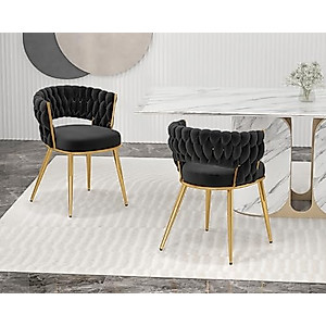 KCC Modern Velvet Dining Chairs Set of 2, Upholstered Living Room Chair with Woven Back and Golden Metal Legs, Mid-Century Accent Side Chair for Living Room, Dining Room, Kitchen, Black