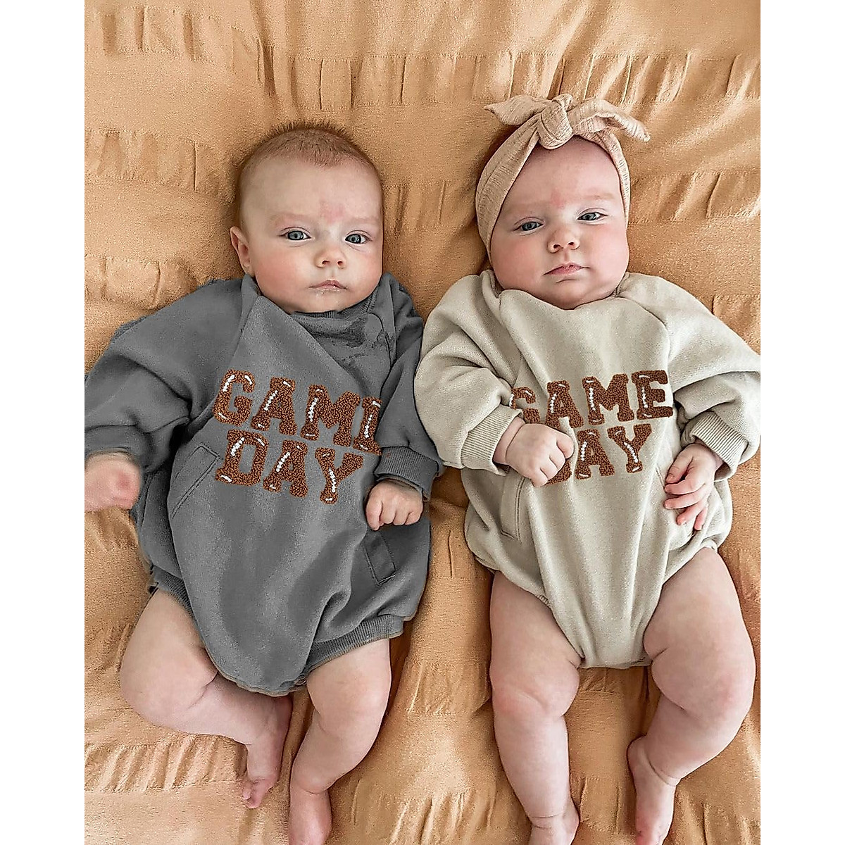 Chloefairy Baby Girl Boy Football Outfit Game Day Football Sweatshirt Romper Oversized Bodysuit Fall Winter Clothes (Apricot-GAME DAY embroidery, 6-12 Months)