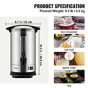 VEVOR Commercial Coffee Urn, 65Cups/10qt Stainless Steel Large Coffee Dispenser, 1500W 110V Electric Coffee Maker Urn For Quick Brewing, Hot Water Urn with Water Gauge for Easy Viewing