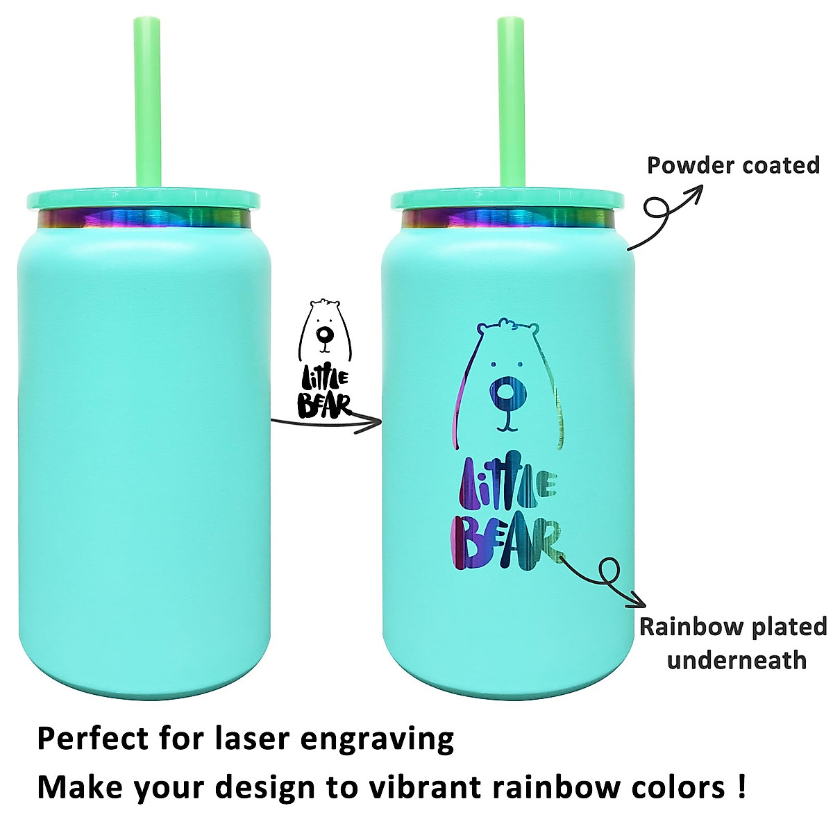 Glass Cups with Lids and Straws, 16 oz Stainless Steel Cups, Insulated Skinny Tumbler, Powder Coated Travel Mugs for Laser Engrave, Iced Coffee Cup for Smoothie Water DIY Gift (Mint Green,1 pack)