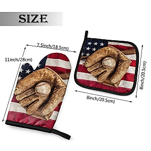 Vintage Baseball with USA American Flag Oven Mitts and Pot Holders Sets Heat Resistant Kitchen Oven Gloves Mats for Holiday Cooking Baking BBQ