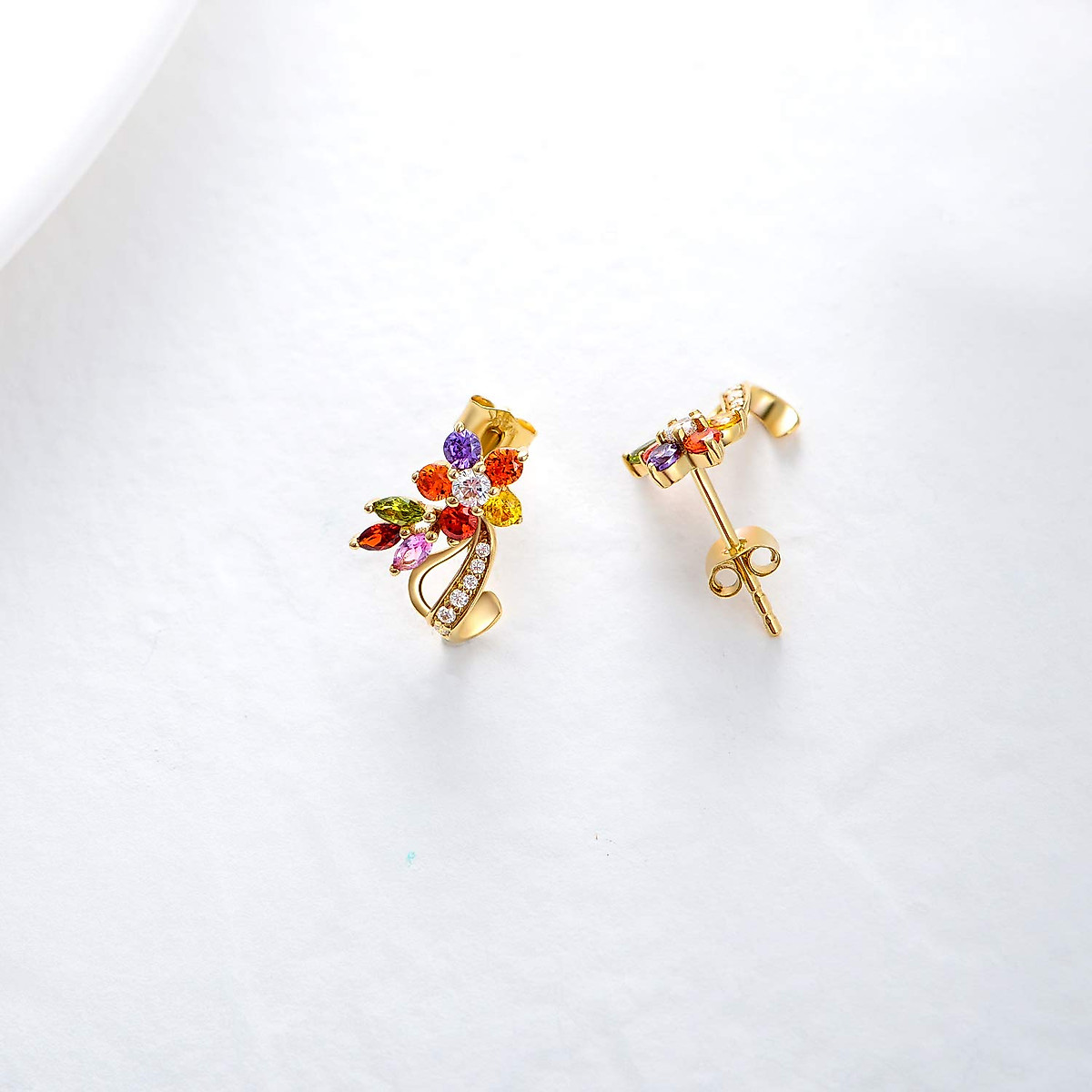 14K Real Gold Flower Stud Earrings for Women,Yellow/Rose Gold Created Moissanite Flower Leaf Stud Wrap Earrings,Christmas Birthday Present for Wife Mom