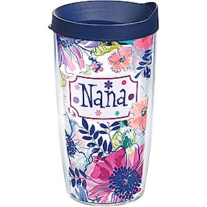 Tervis Blue Line Floral Nana Plastic Tumbler with Wrap and Navy Lid 16oz, Clear