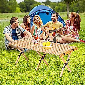 Pluatyep Travel Camping 4ft Folding Low Height Table Portable Wooden Outdoor Picnic Table Cake Roll Wooden Table with a Carry Bag for Picnic BBQ Camp Travel Patio Backyard Beach(Medium Table)