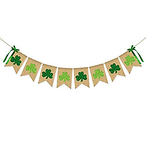 CAVLA Glittery Shamrock Burlap Banner St. Patrick's Day Green Shamrock Clover Banner Garland with Bows Saint Patrick's Day Party Decorations for Irish Lucky Day St. Patty’s Day Home Outdoor Decor