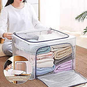 BIERELAOZI Clothes Storage Bins Foldable Metal Frame Storage Box 24L Stackable Container Organizer Set with Clear Window Clothes Organizer Boxes Storage Containers For Bedding Linen Clothes (Grey)