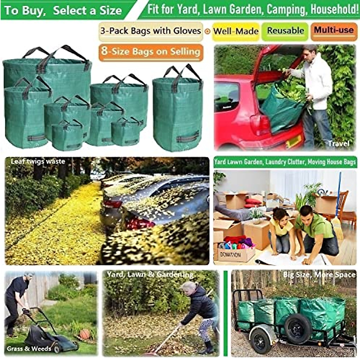 Professional 3-Pack 72 Gallons Yard Lawn Garden Bags (D26, H30 inches) with Coated Garden Gloves,Reusable Leaf Waste Bags,Patio Bags,Laundry Container,Gardening Trimmings Bag with 4 Handles