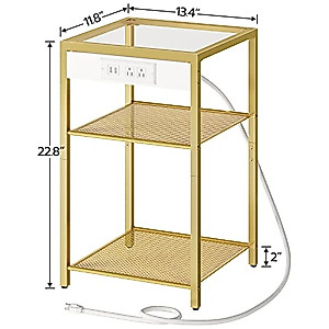 HOOBRO Side Table with Charging Station, 3-Tier Slim Nightstand with Storage Shelves, End Table with USB Ports & Power Outlets, Tempered Glass, Modern Style, for Living Room, Bedroom, Gold GD77UBZ01