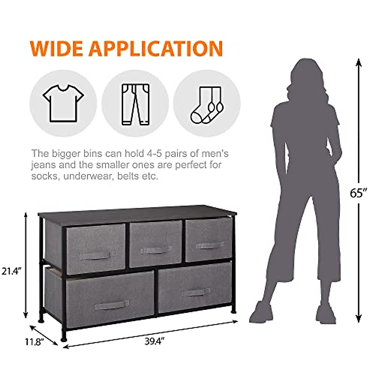 SUPER DEAL 5 Drawer Dresser for Bedroom, Wide Storage Tower Chest with Heavy Duty Steel Frame and Wood Top, Kids Toys Organizer Unit for Livingroom Closet Nursery Hallway, Light Grey