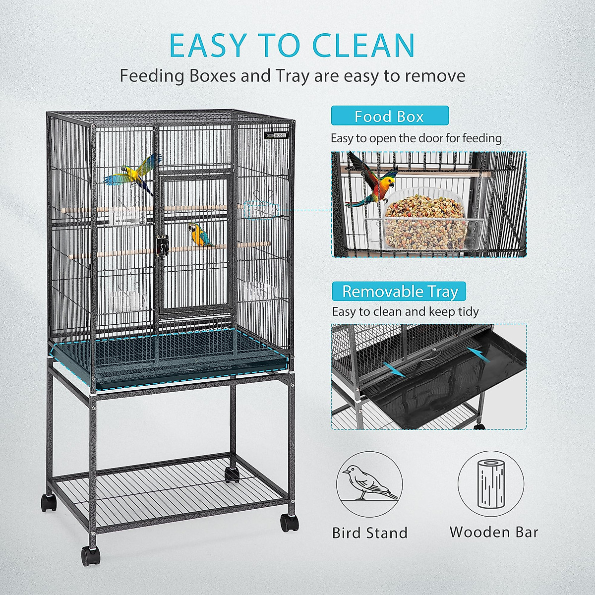 VIVOHOME 54 Inch Wrought Iron Large Bird Flight Cage with Rolling Stand for Parakeets Canaries Cockatiels Lovebirds Conures, Black