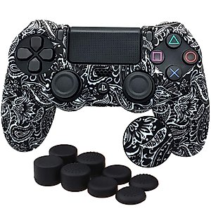 Antil-Slip Silicone Controller Cover Protective Case for PS4/SLIM/PRO Controller Soft Cover Skin for Dualshock 4 Controller with 8 Thumb Grips(White Black Print)
