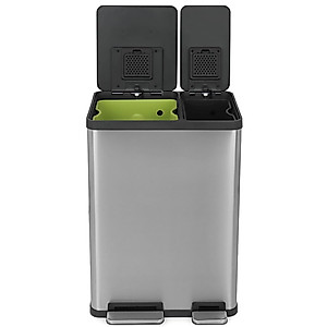 60 Liter / 16 Gallon Rectangular Hands-Free Dual Compartment Recycling Kitchen Step Trash Can with Soft-Close Lid, Brushed Stainless Steel (38L x 22L Capacity)