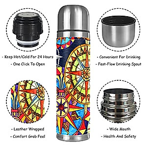 Aesthetic Colorful Compasses Watercolor Stainless Steel Water Bottle, Leak-Proof Travel Thermos Mug, Double Walled Vacuum Insulated Flask 17 OZ