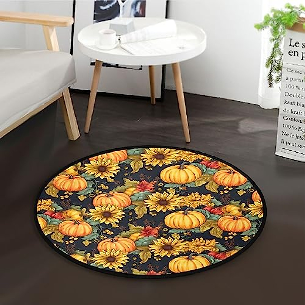 Fall Pumpkins Sunflowers Area Rug Round 3ft Thanksgiving Circular Carpet Floor Mat Soft Non Skid for Living Room Dining Holiday Decor Seasonal Washable