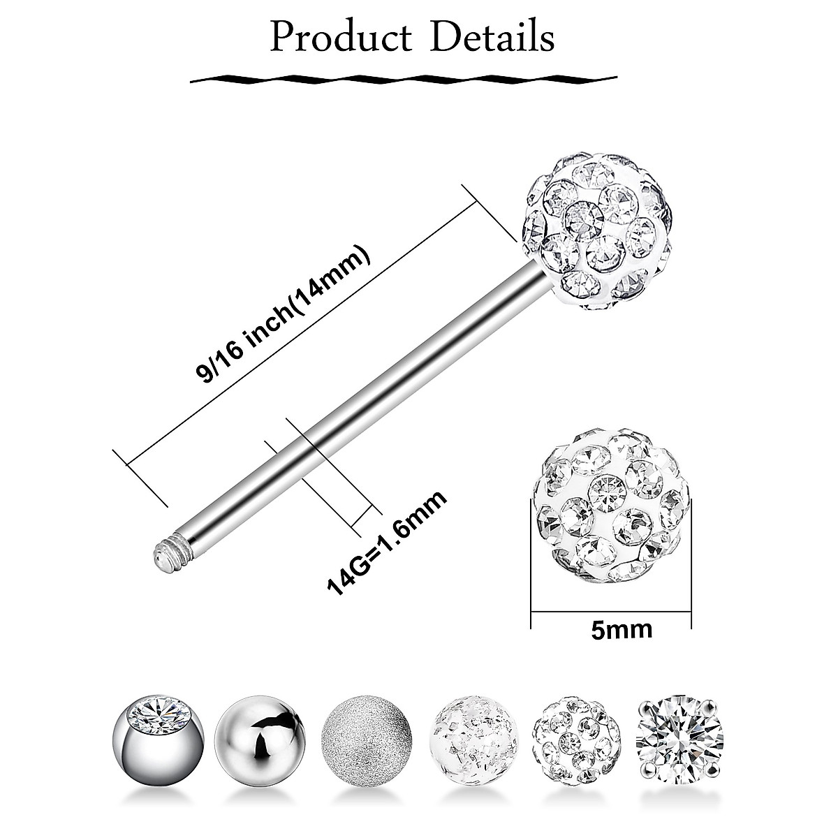 Sumind 6 Pairs Nipple Bars Surgical Stainless Steel Piercing Barbell Ring Tongue Ring Cubic Zirconia Nipple Rings Body Piercing Jewelry, 14 Gauge