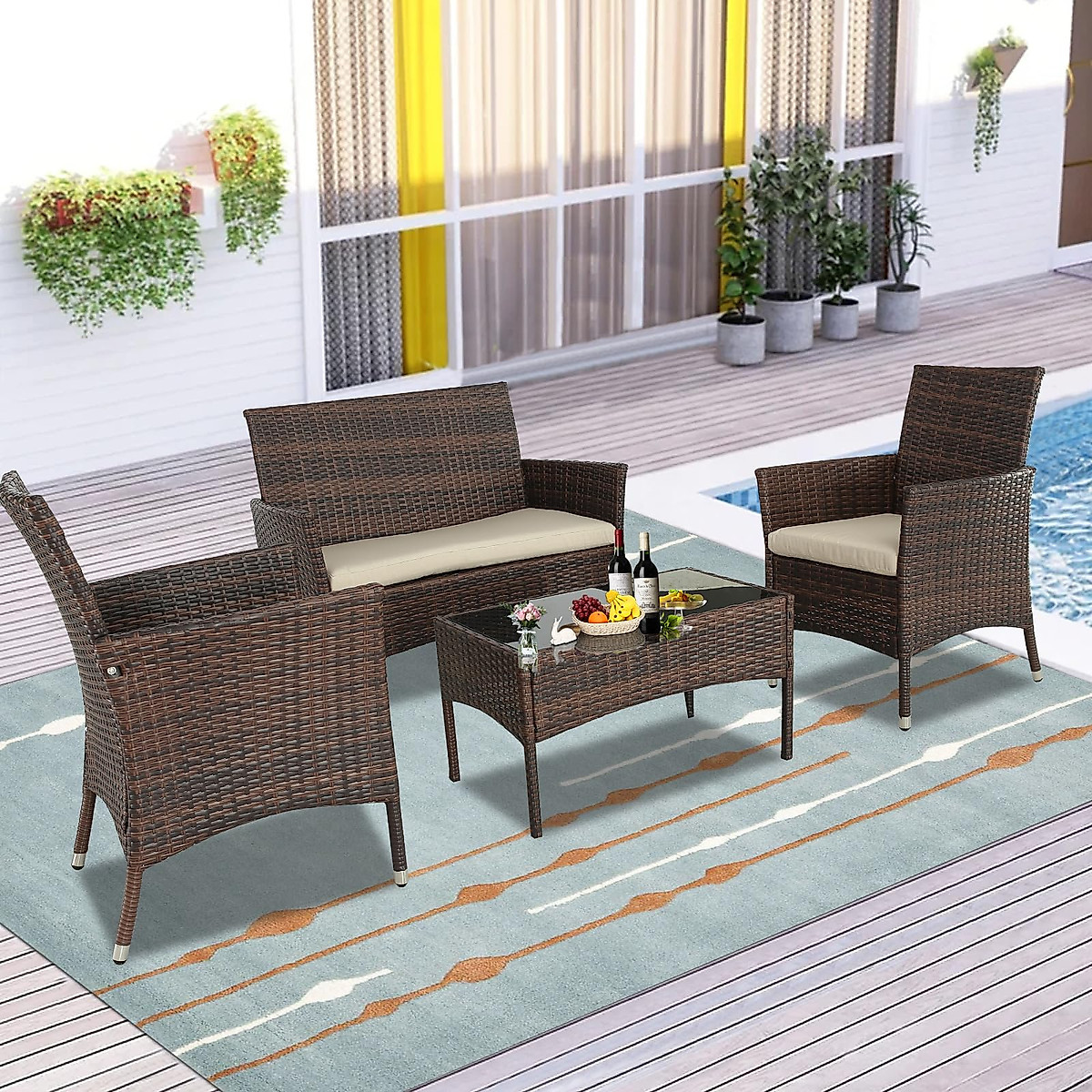 HTTH 4-Piece Outdoor Patio Furniture Sets Wicker Sofa with Cushions and Coffee Table Garden Lawn Pool Backyard Outdoor Sofa Sets (Brown-Beige)