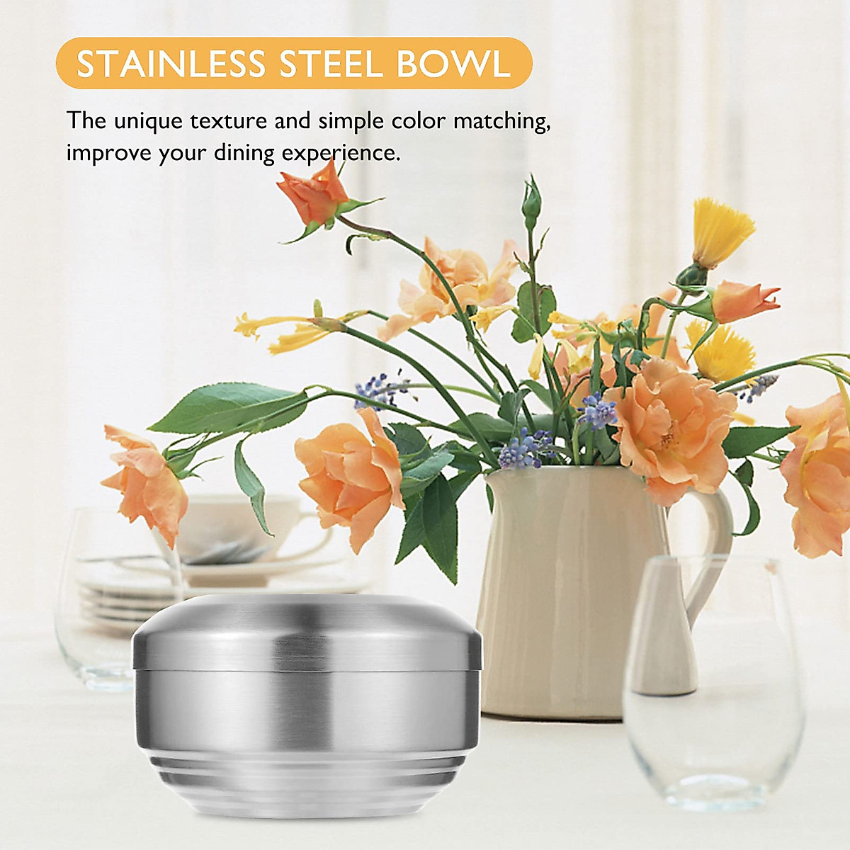 DOITOOL Korean Stainless Steel Rice Bowl with Lid Set, Vacuum Double Wall Multi- Stainless Steel Bowl with Lid Set, for Korean Kitchen Restaurant ( Sliver )