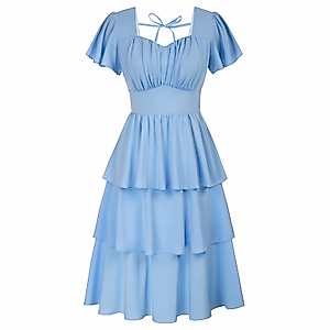 Short Sleeve Elegant Cocktail Party Dress 1950s Retro Square Neck Smocked Waist Tiered Layered Dress Light Blue XL