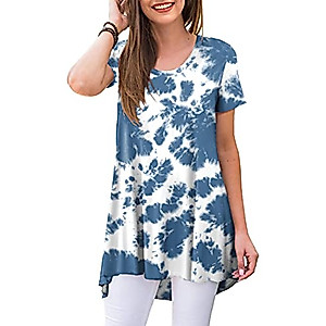 POPYOUNG Women's Summer Casual Short Sleeve Tunic Top for Leggings Crewneck Shirt Loose Blouse XXL, Blue Tie Dye
