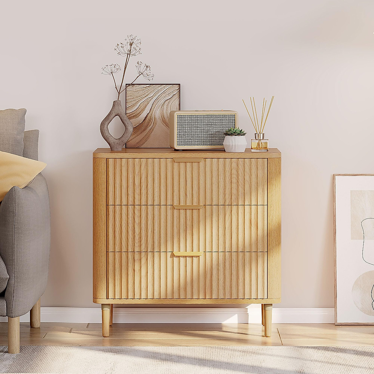 DWVO 3 Drawer Dresser, 32 inch Tall and Wider Modern Closet Dressers Chest of Drawers with Waveform Fluted Panel, Wood Storage Dresser Organizer for Dorms, Flats, Living Rooms, Hallways, Natural Oak