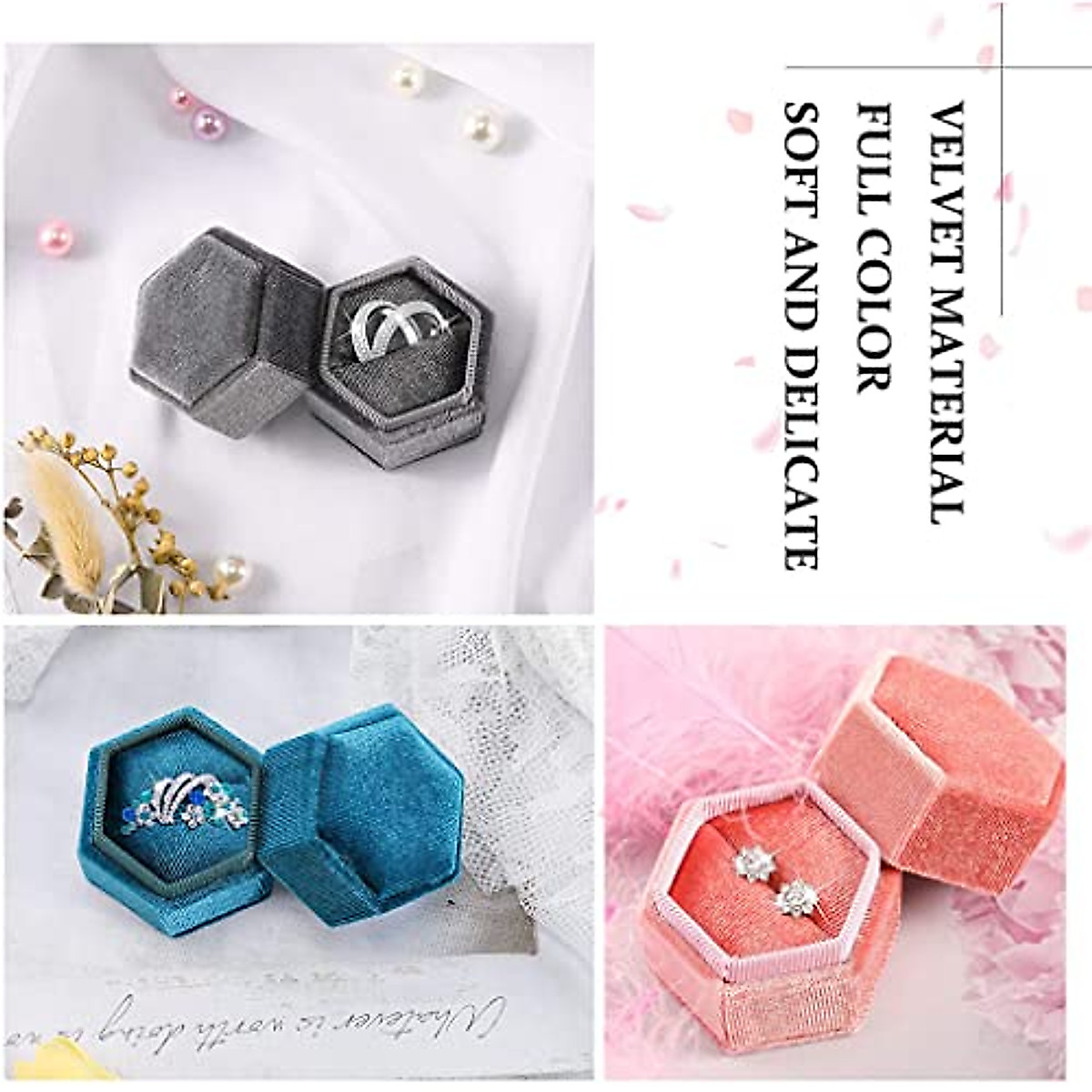 JZTang Hexagon Velvet Ring Box Single Ring Display Holder Elegant Jewelry Storage Box Gift for Proposal Engagement Anniversary Birthday Ceremony (black)