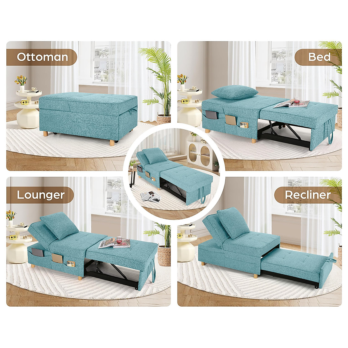 SEJOV Sleeper Sofa Chair Bed,4-in-1 Convertible Sofa Bed Chair with 6 Adjustable Backrest and Pillow, 3-Seat Pull Out Sleeper Chair Linen No Backrest for Bedroom Small Space Living Room, Sky Blue