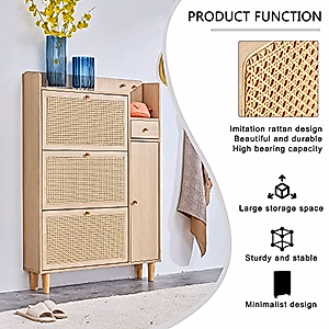 YardGo Freestanding Shoe Cabinet with 3 Flip Drawers and Door, Modern Rattan Shoe Storage Organizer, Small Household Furniture for Entryway, Hallway, Living Room