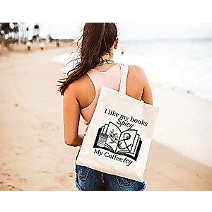 GXVUIS I Like My Books Spicy And My Coffee Icy Canvas Tote Bag for Women Aesthetic Teacher Mom Reusable Grocery Shopping Bag White