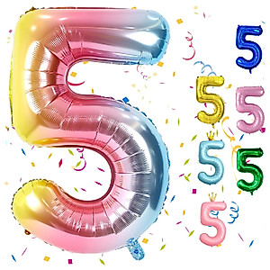 Rainbow Number 5 Balloons, 5th Birthday Balloon, 40inch Gradient 5 Balloon Numbers, Large Self Inflating Foil Balloon, 5th Birthday Decorations for Kids Birthday Party, 5 Anniversary Decorations