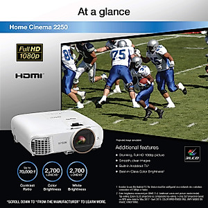 Epson Home Cinema 2250 2700-Lumen Full HD 3LCD Smart Home Theater Projector (Renewed)
