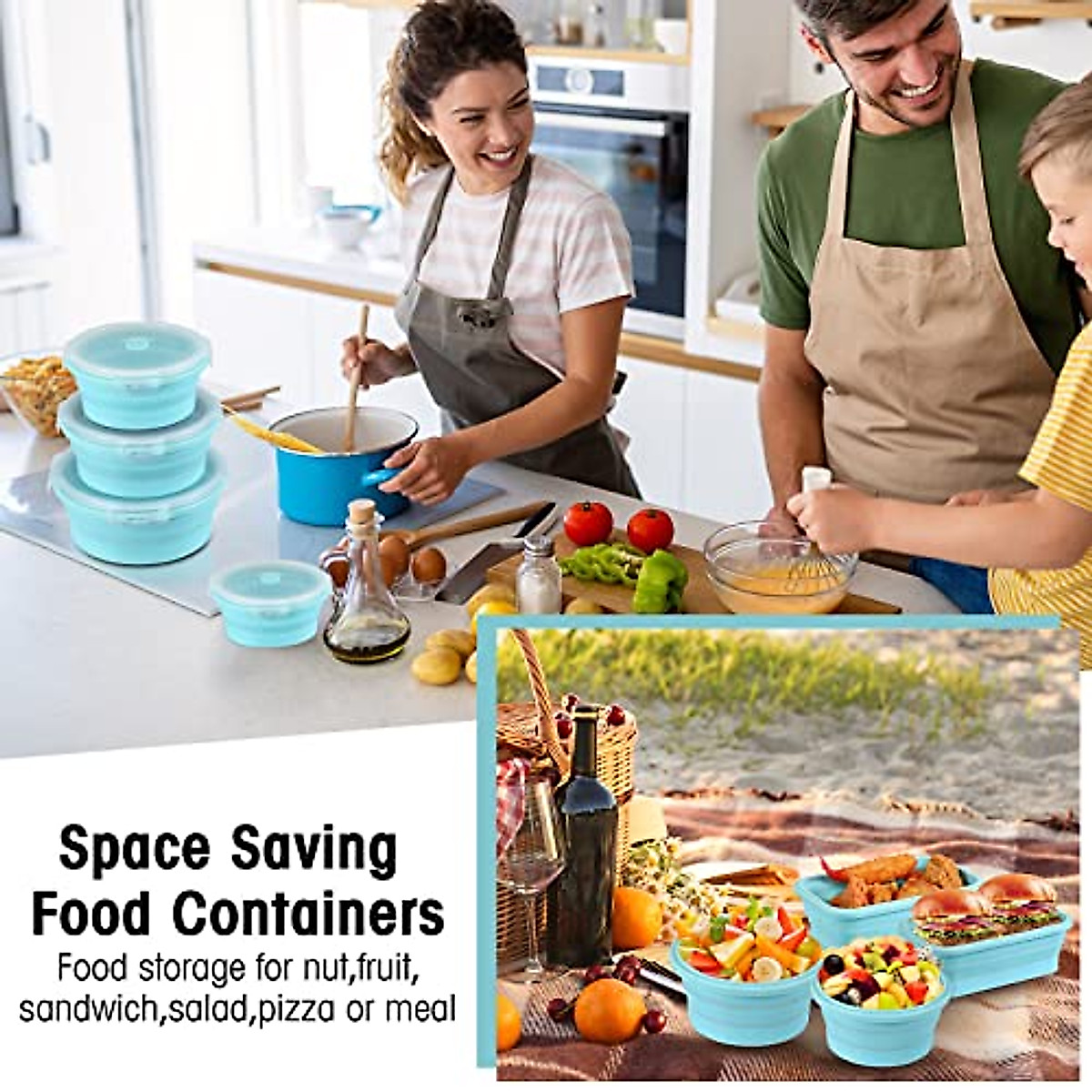 Karenhi 8 Pack Collapsible Silicone Food Storage Containers with Airtight Lids Stackable Collapsible Bowls with Lids Microwave and Dishwasher Safe(Blue)