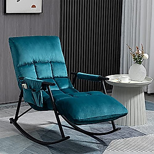 ZJhome Velvet Accent Folding Rocking Recliner Chair Nursery with Side Pocket Adjustable High Back & Foot Rest, Comfortable Upholstered Nursing Glider Rocker Armchair for Living Room, Bedroom(Teal)