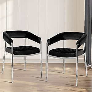 Bekrvio Dining Chairs Set of 2 Kitchen Dining Room Chairs with Arms and U-Shape Backrest, Mid Century Modern Living Room Accent Chair, Velvet Upholstered Kitchen Chairs with Metal Chrome Legs, Black
