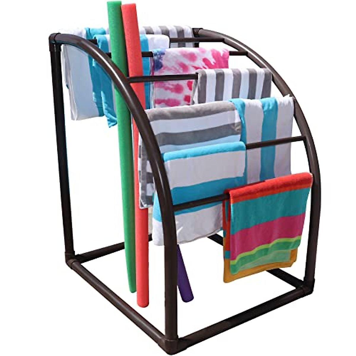 7 Bar Curved PVC Towel Rack - Free Standing Poolside Storage Organizer - Also Stores Floats, Paddles and Noodles, 37.5" W x 37.5" L x 49.5" H, (Brown) Style 144574